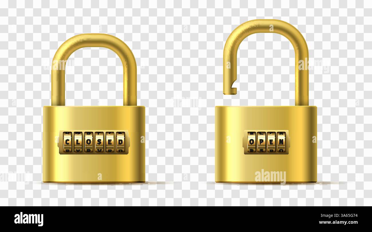 Realistic gold open and closed code lock on transparent background ...