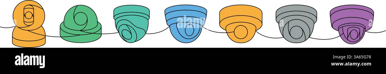 Security cameras one line colored continuous drawing. Safety home ...