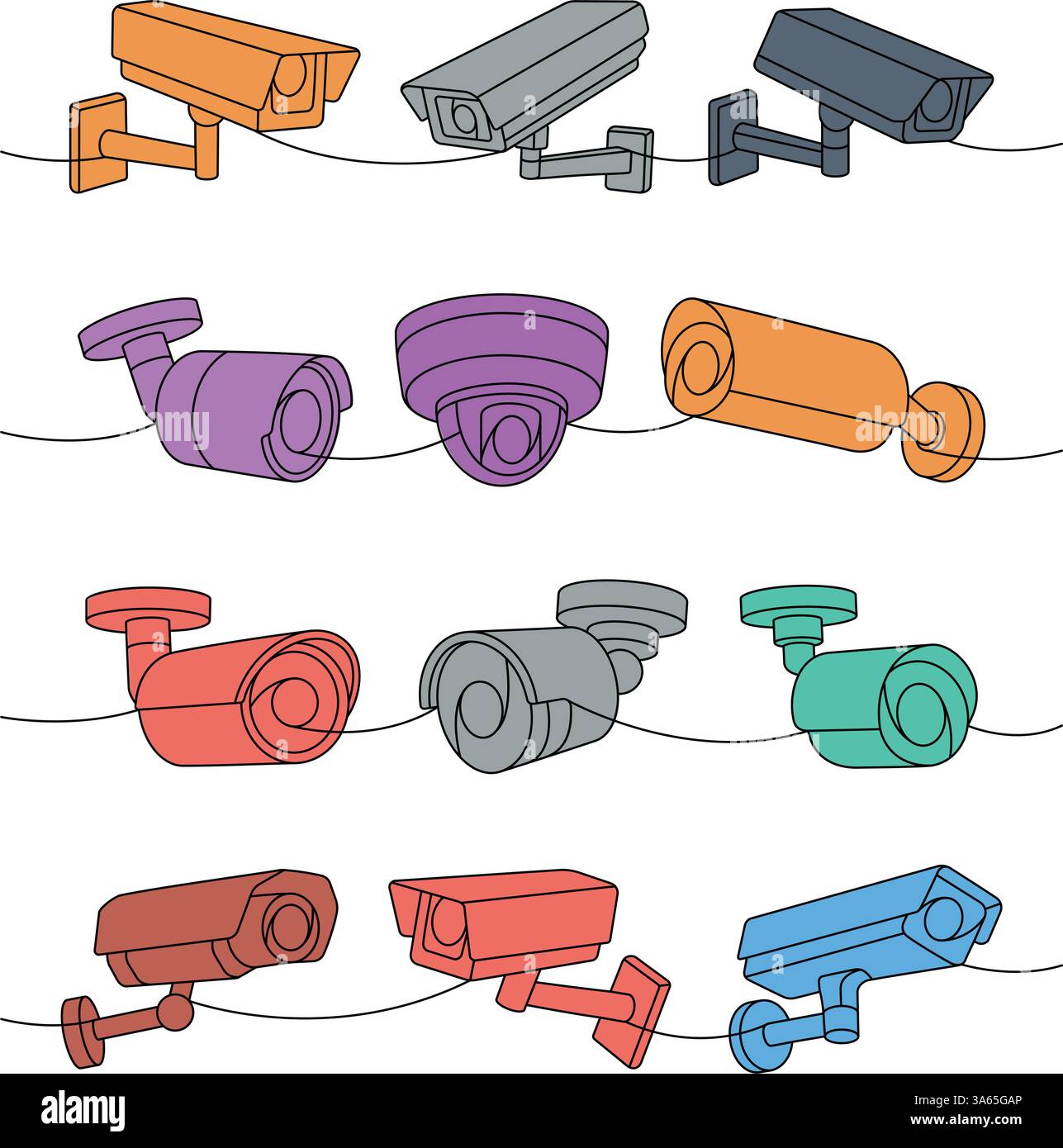 Security cameras one line colored continuous drawing. Safety home ...