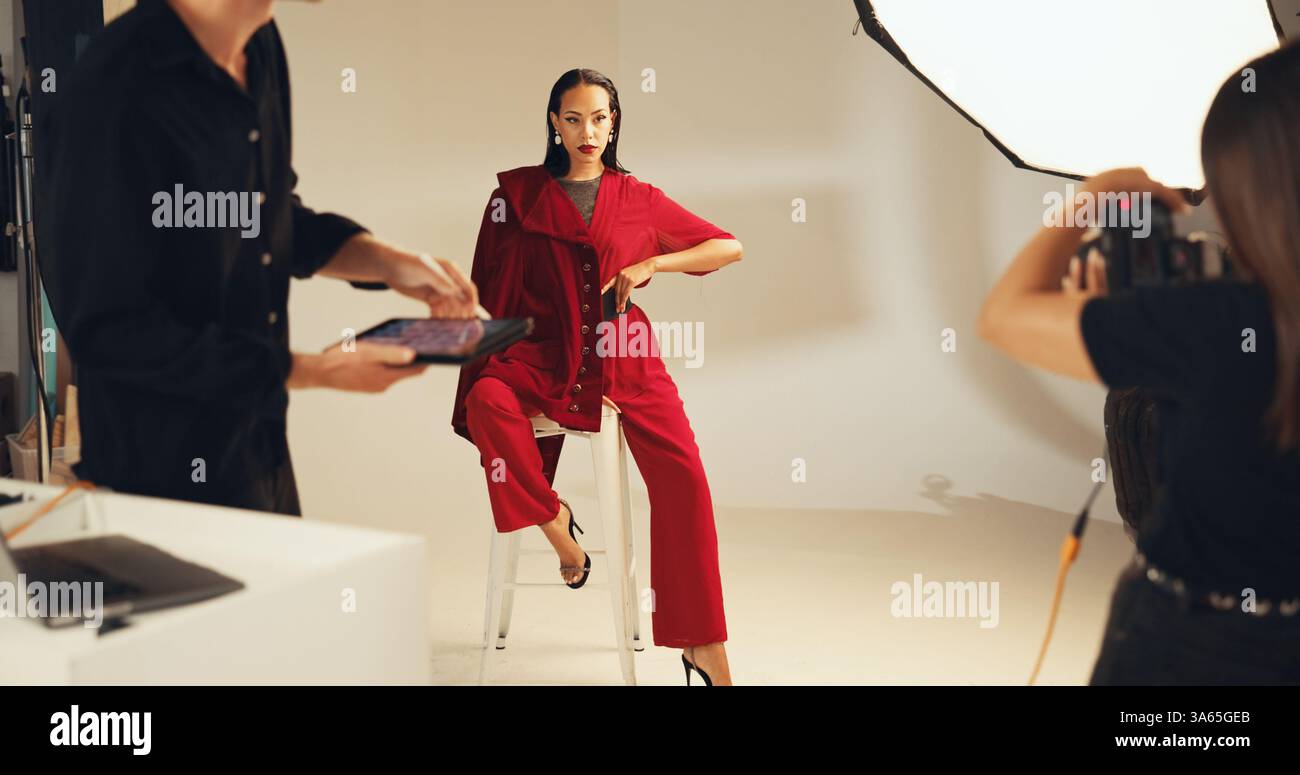 Photography, model and people in production, fashion and photoshoot for magazine, confident and ...