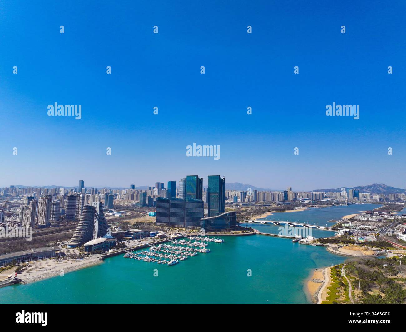 Aerial photo shows the spring scenery at seaside in Rizhao City, east ...