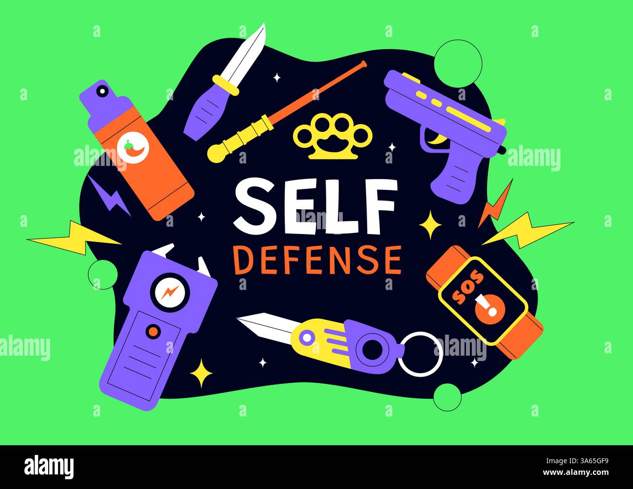 Self Defense Vector Illustration Featuring Various Types of Protective ...