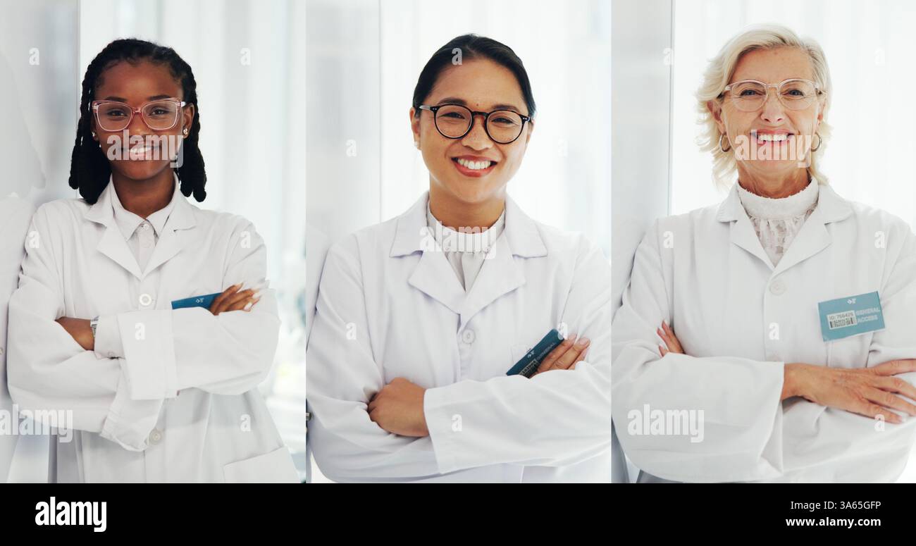 Collage, women and scientists in laboratory for medical innovation with ...