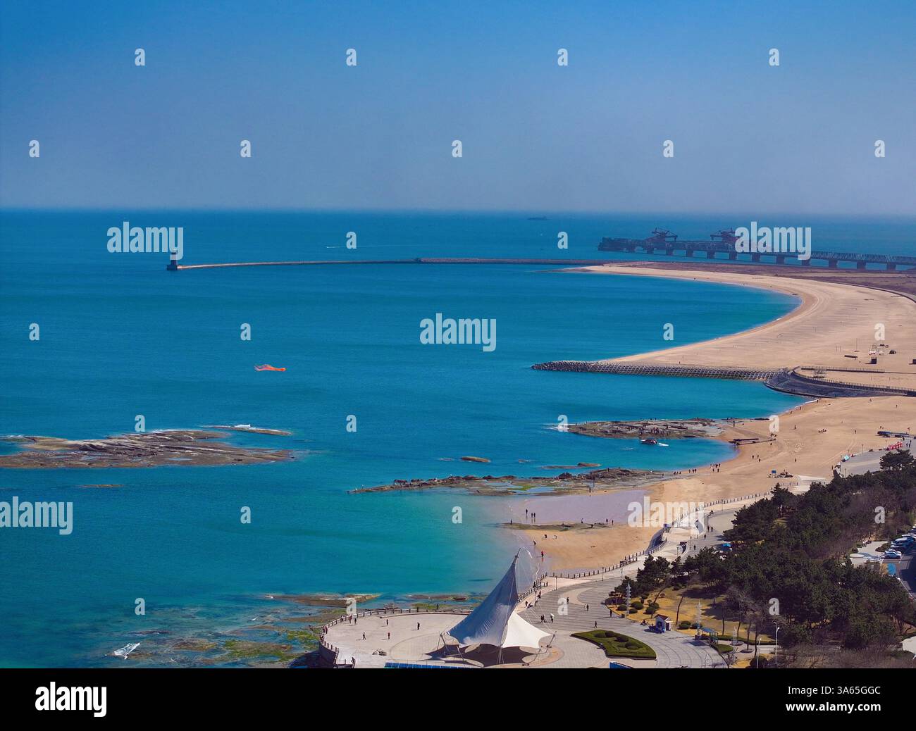 Aerial photo shows the spring scenery at seaside in Rizhao City, east ...