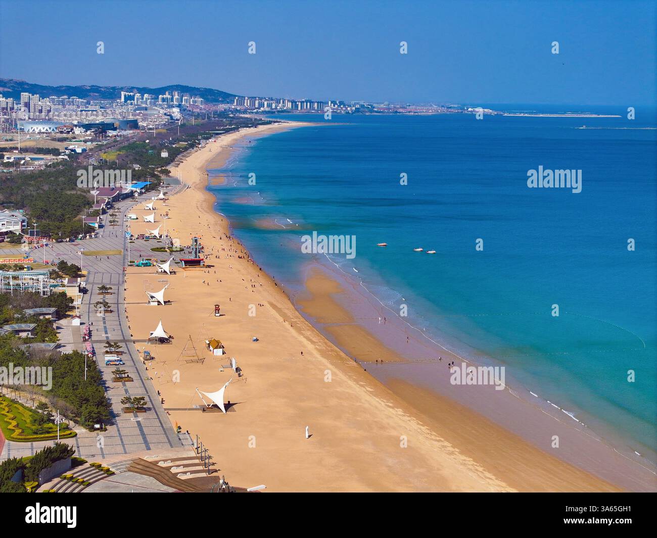 Aerial photo shows the spring scenery at seaside in Rizhao City, east ...