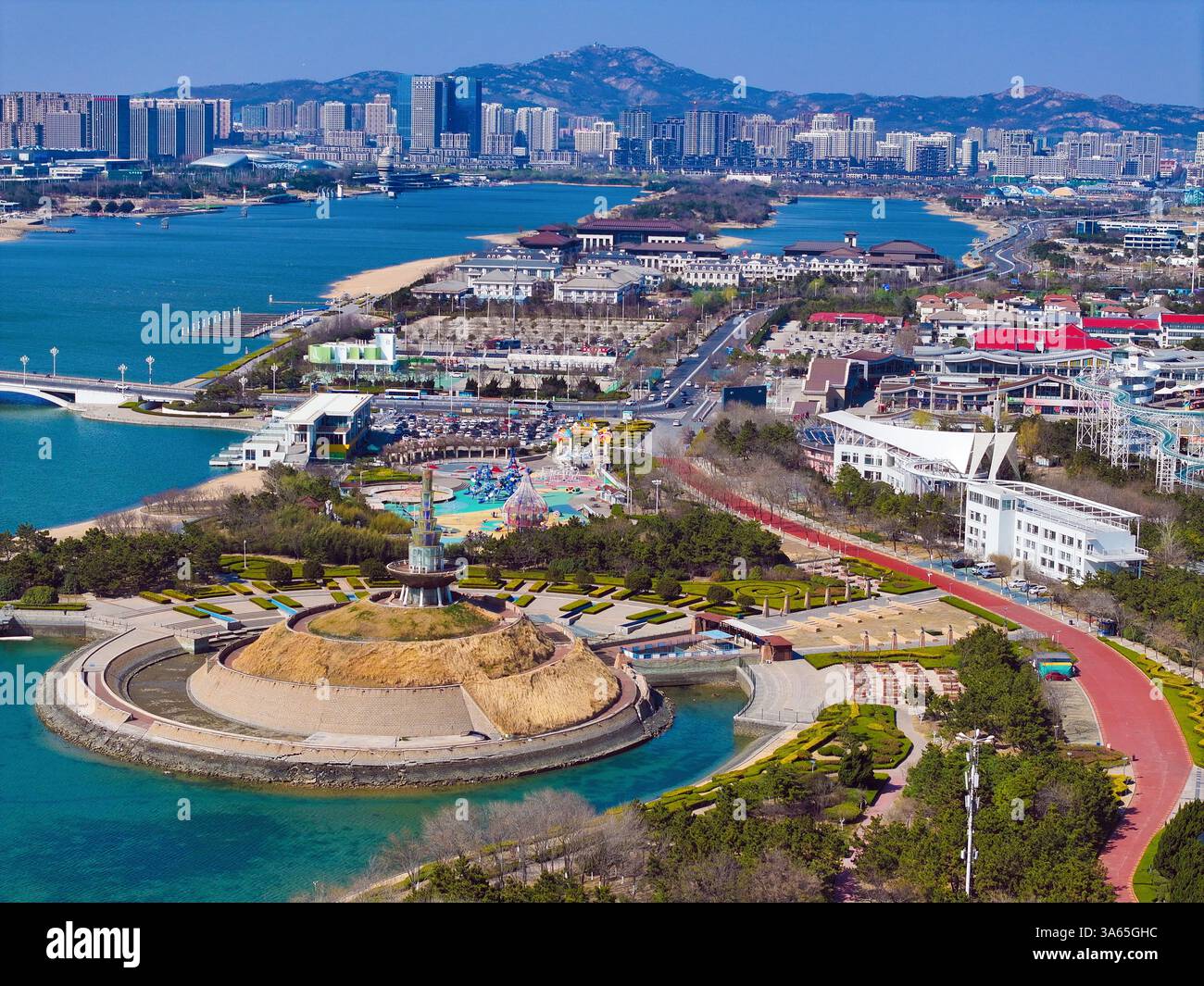Aerial photo shows the spring scenery at seaside in Rizhao City, east ...