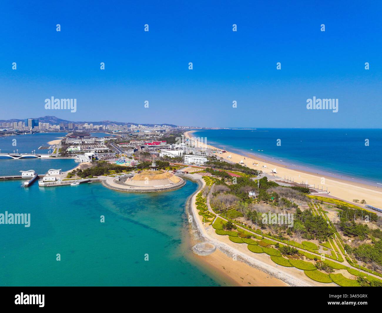 Aerial photo shows the spring scenery at seaside in Rizhao City, east ...