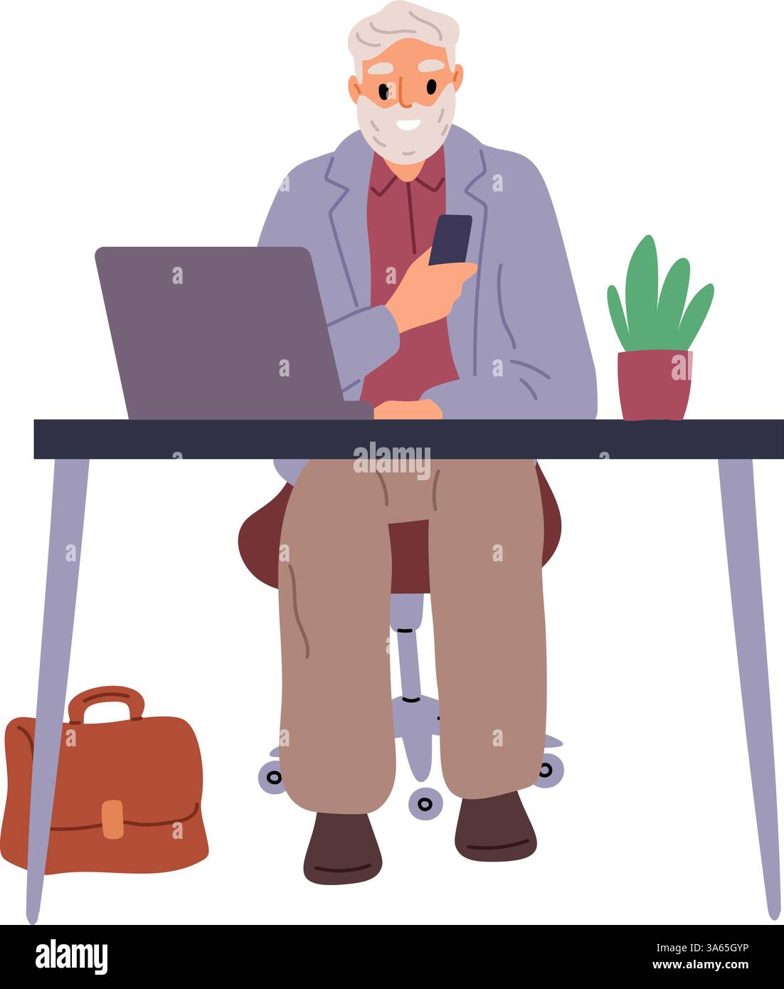 Elderly man works at computer table in office. Senior person at ...