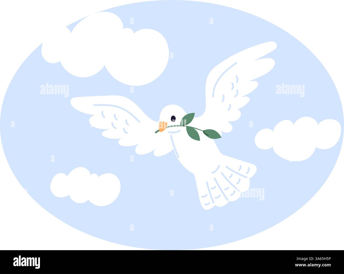Dove of peace with olive branch in beak. Pigeon flying among clouds ...