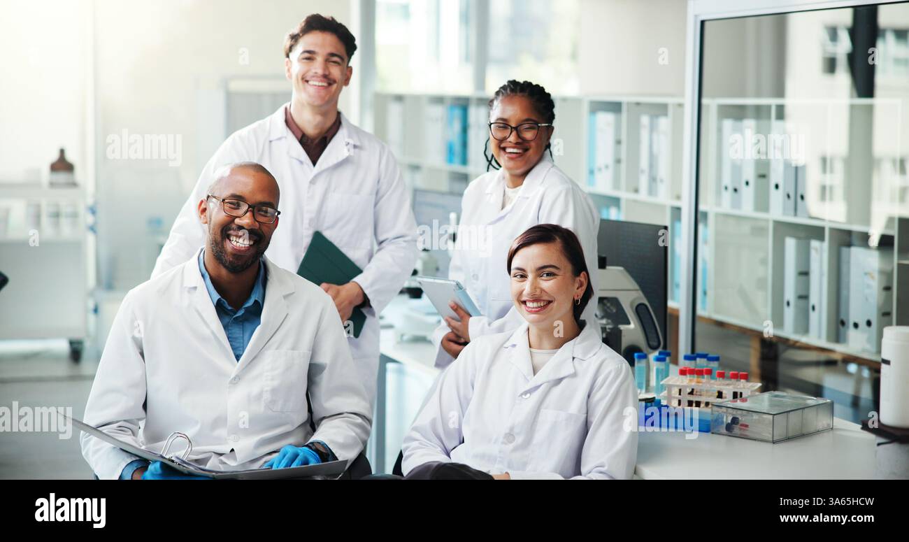 Smile, diversity and team of scientists in laboratory for internship with mentor for medical ...