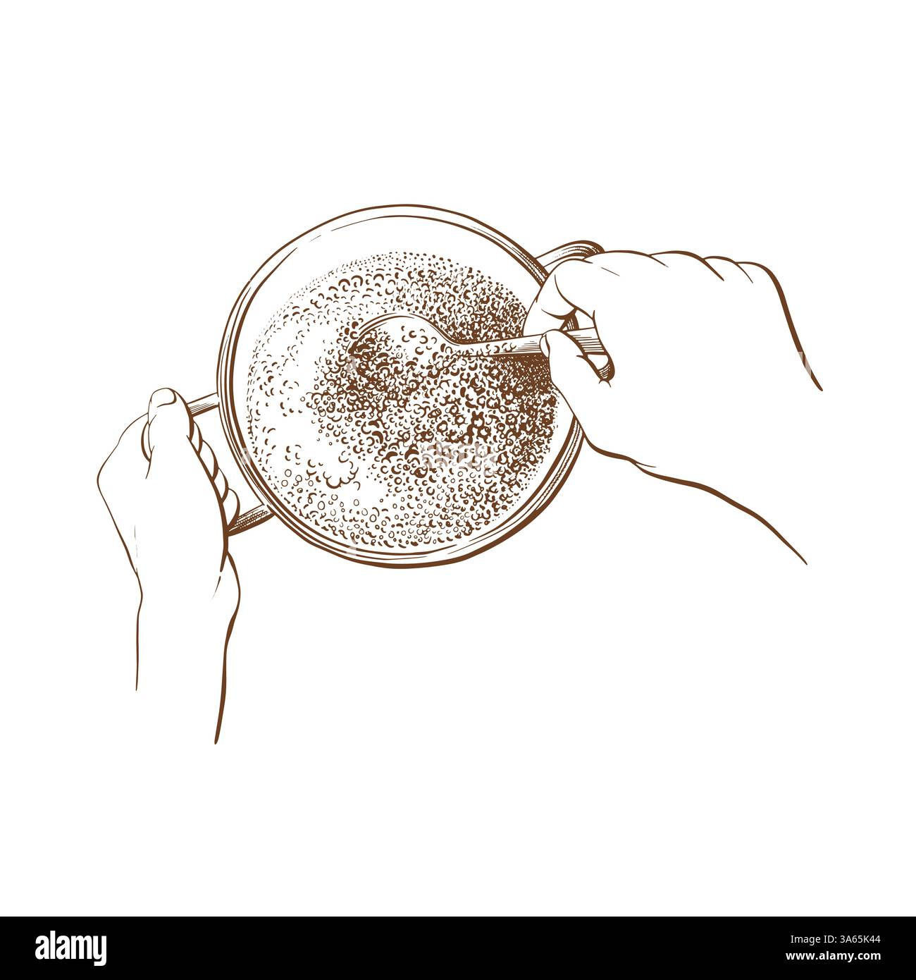 Cooking porridge. Sketch vintage pot, hand and spoon. Millet, rice ...