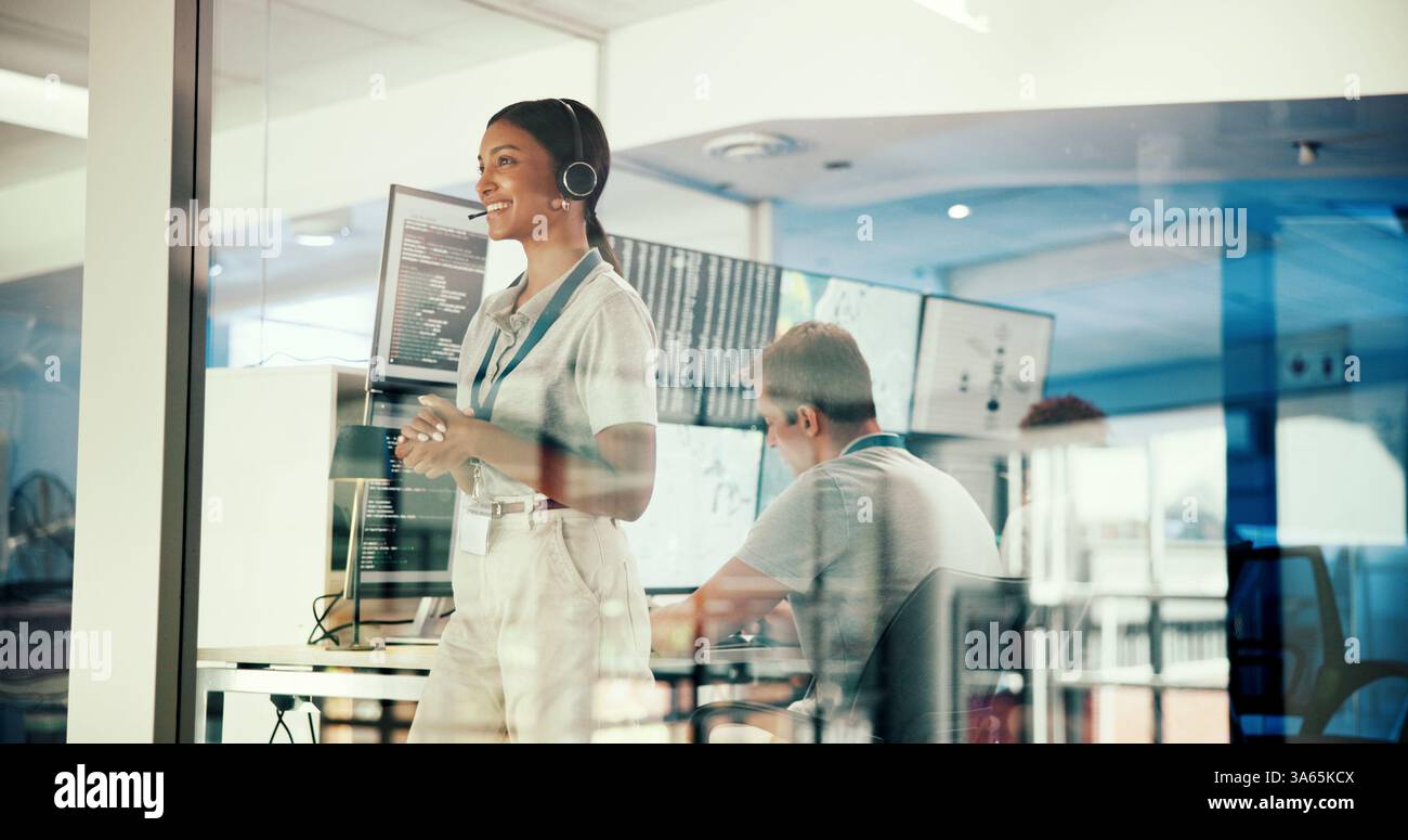 Thinking, woman and meteorologist by window in office with headset for ...