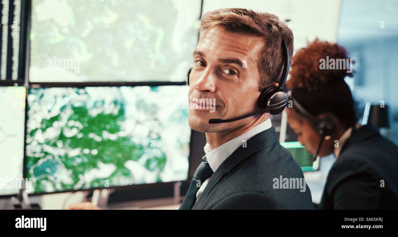 Man, meteorology and monitor for weather, forecast or voip headset at ...