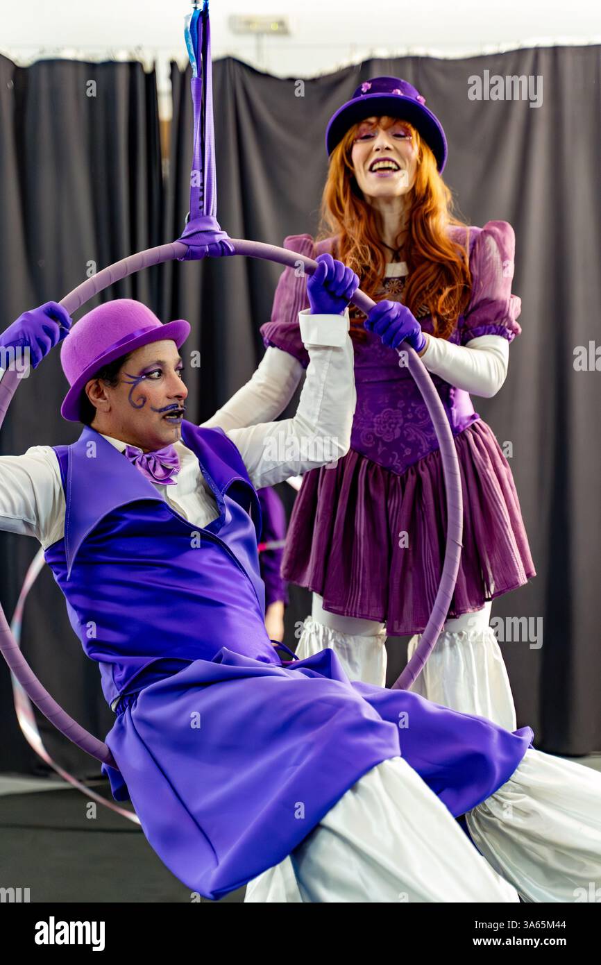Two circus artists wearing purple costumes are performing a captivating ...