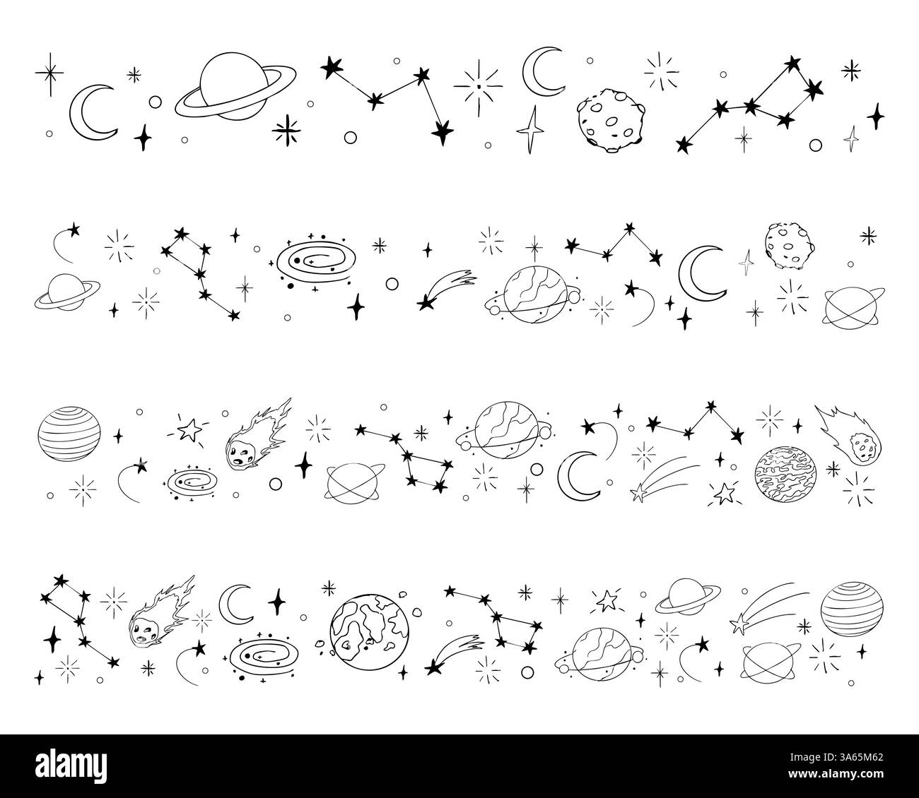 Celestial doodle border, falling star blink divider. Hand drawn ...