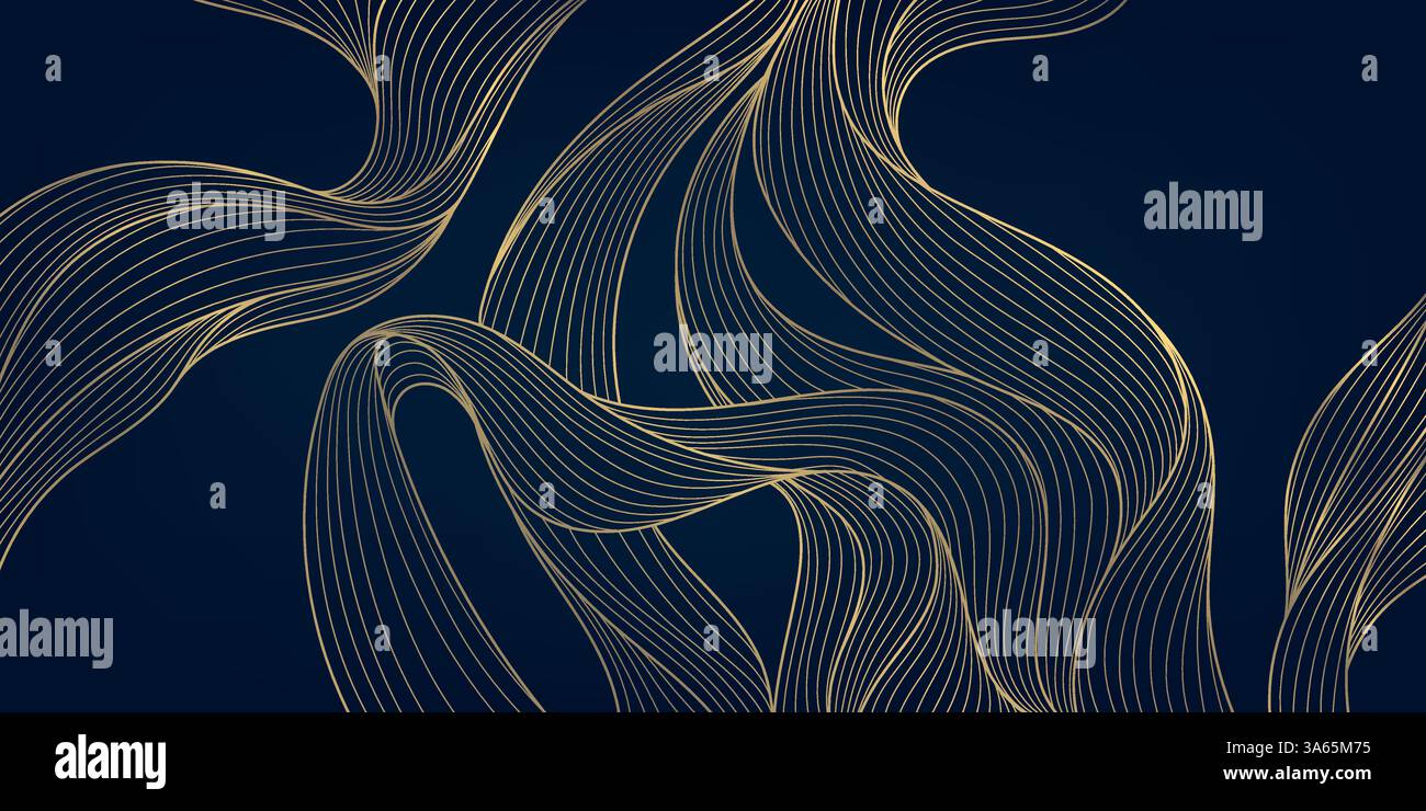 Vector wave line gold background, japanese abstract art texture. Sea ...