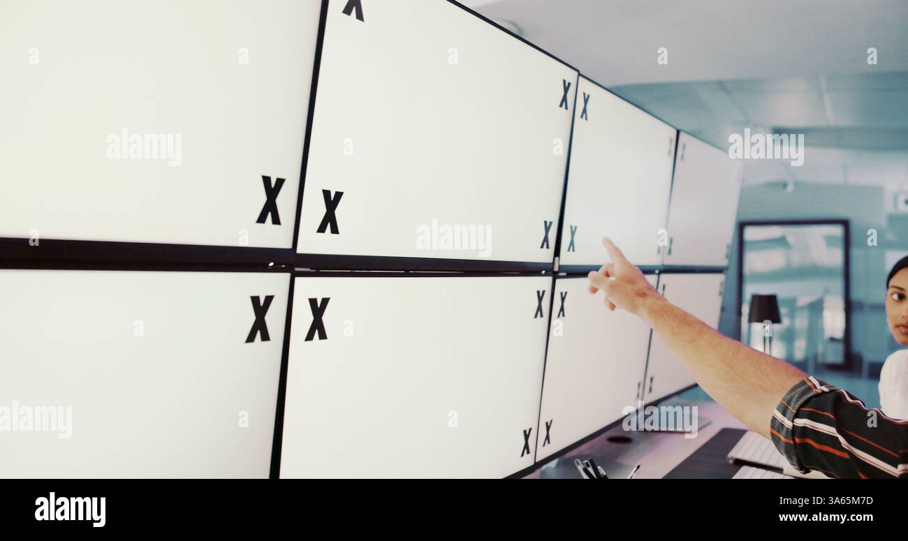 Computer screen, pointing and hand of person by space for security ...