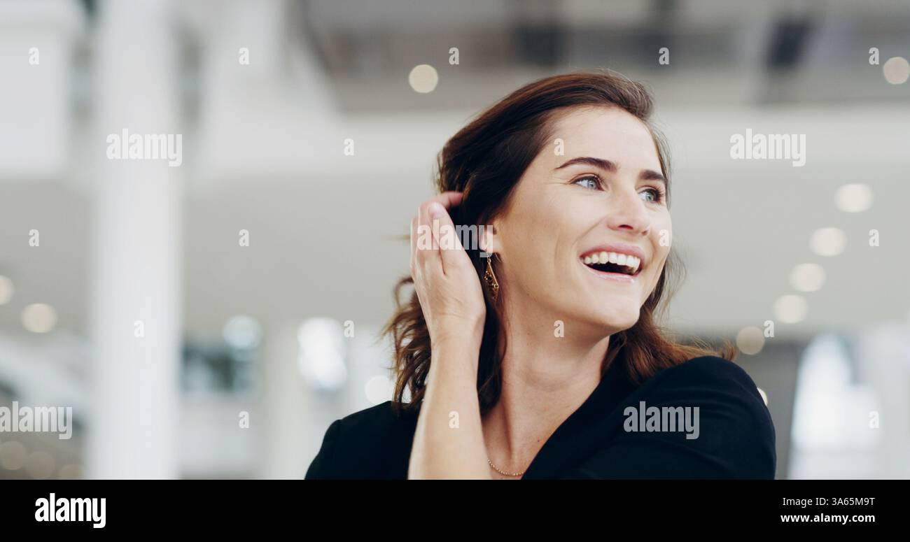 Airport, laughing and travel with business woman walking in terminal for international flight ...