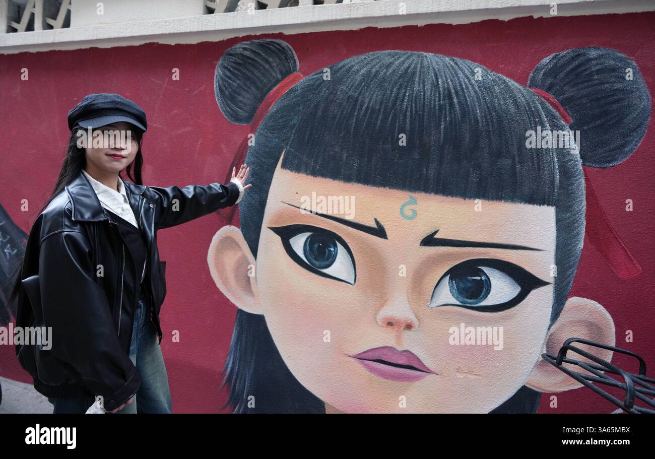 The Ne Zha-themed graffiti wall attracts tourists to snap photos, Wuhou ...