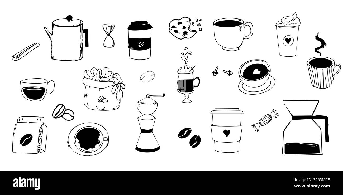 Coffee doodle set sketchy hand drawn sack with coffee beans, grinder ...