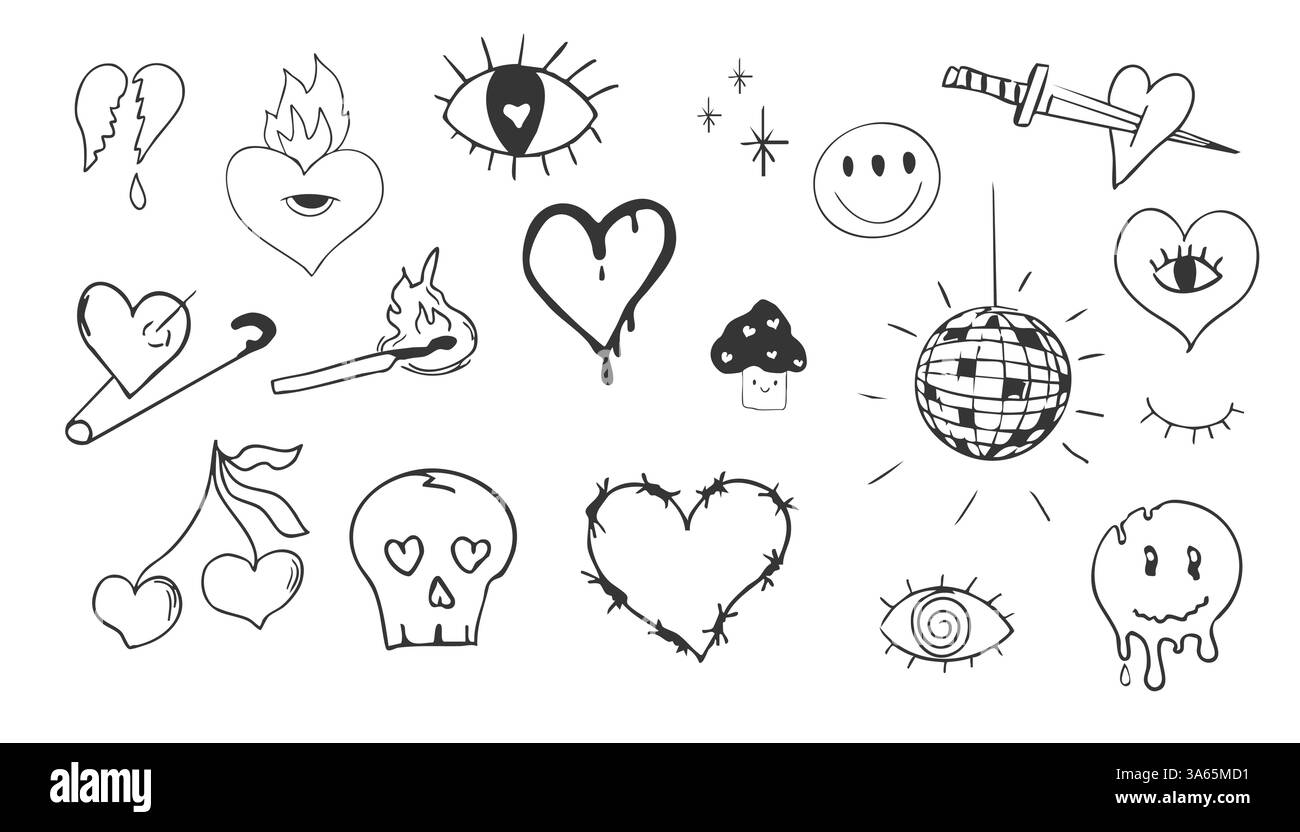 Psychedelic doodle heart barbed wire, with fire and eye, graffiti ...