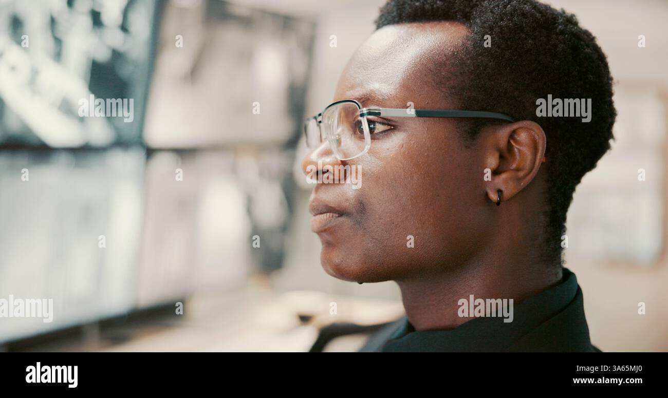 Security guard, watching and man with surveillance, serious and review ...