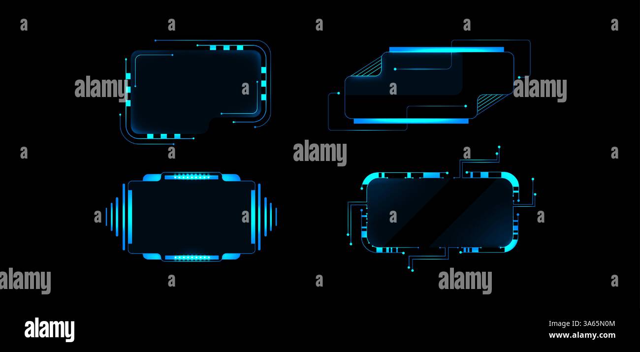 Cyberpunk hud frames and panels with futuristic neon blue glow. Geometric shapes form hi tech ...