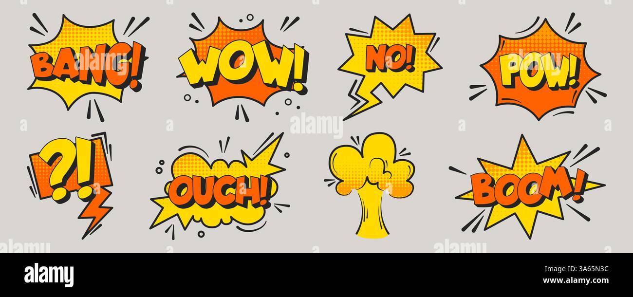 Comic book style exclamations set - bang, wow, no, pow, ouch and boom ...
