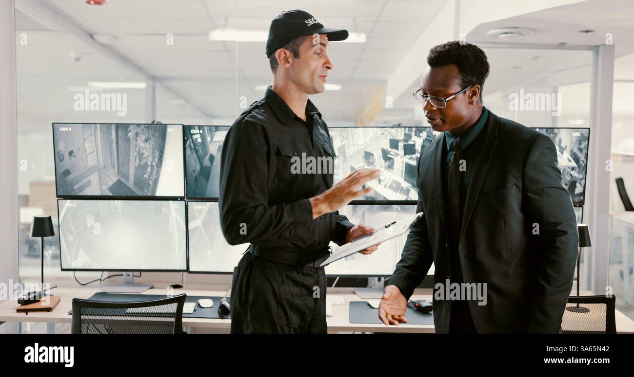 Team, security guard and talking in control room, surveillance and ...