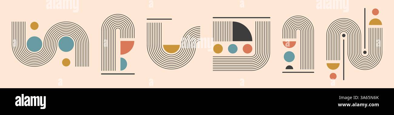 Arch shaped blocks, lines and geometric shapes in retro colors. Minimal ...