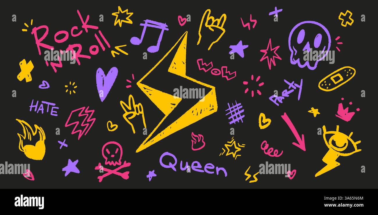 Punk rock doodle set - lightning bolt, skull, heart, horn gesture ...