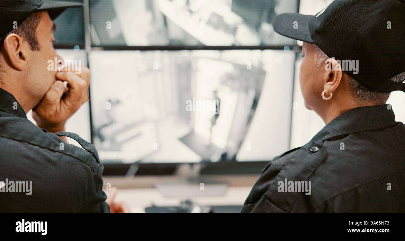 Camera, security and people on computer screen for surveillance ...