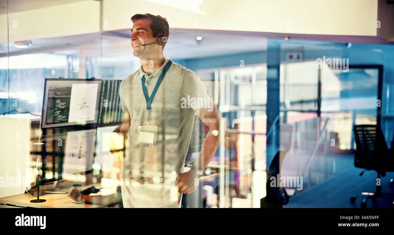 Control room, headset and smile with man in glass office for ...