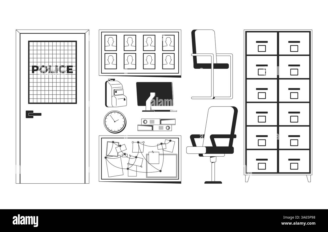 Police office interior with investigation tools 2D line objects set ...