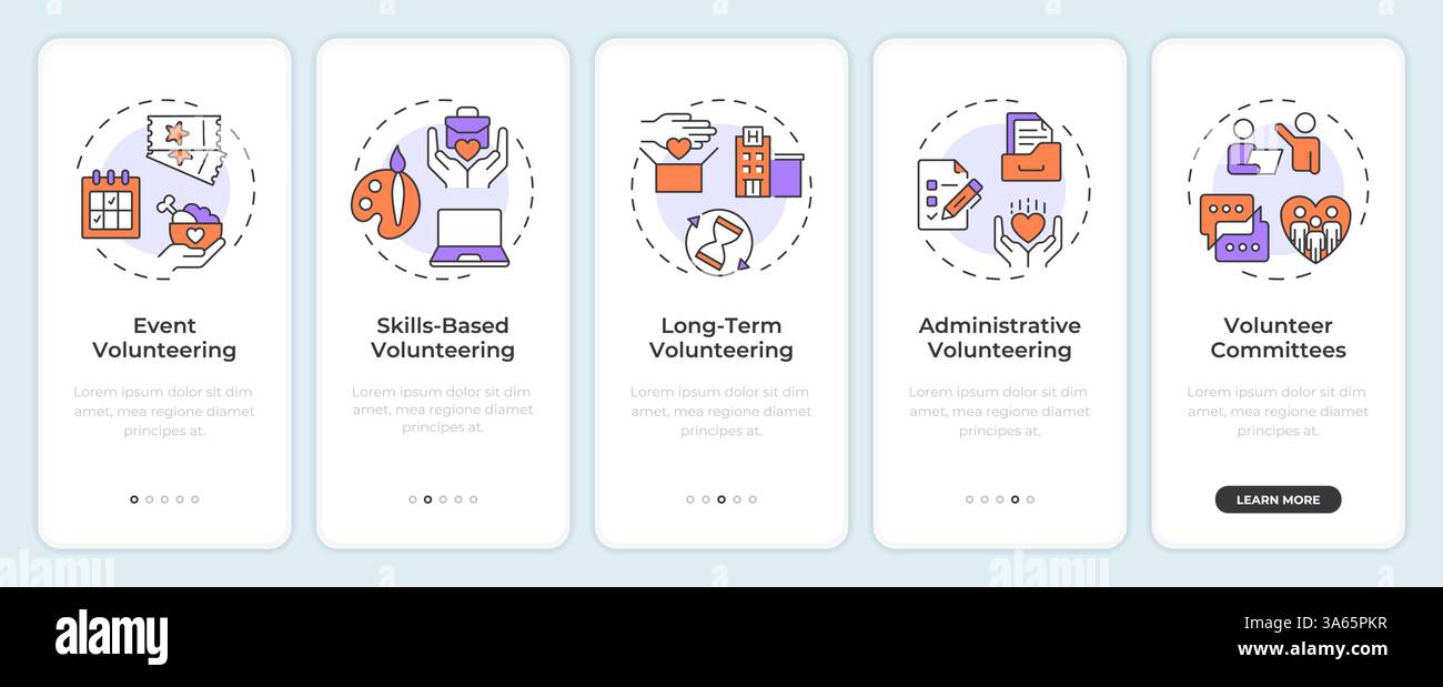 Types of volunteering onboarding mobile app screen Stock Vector Image ...