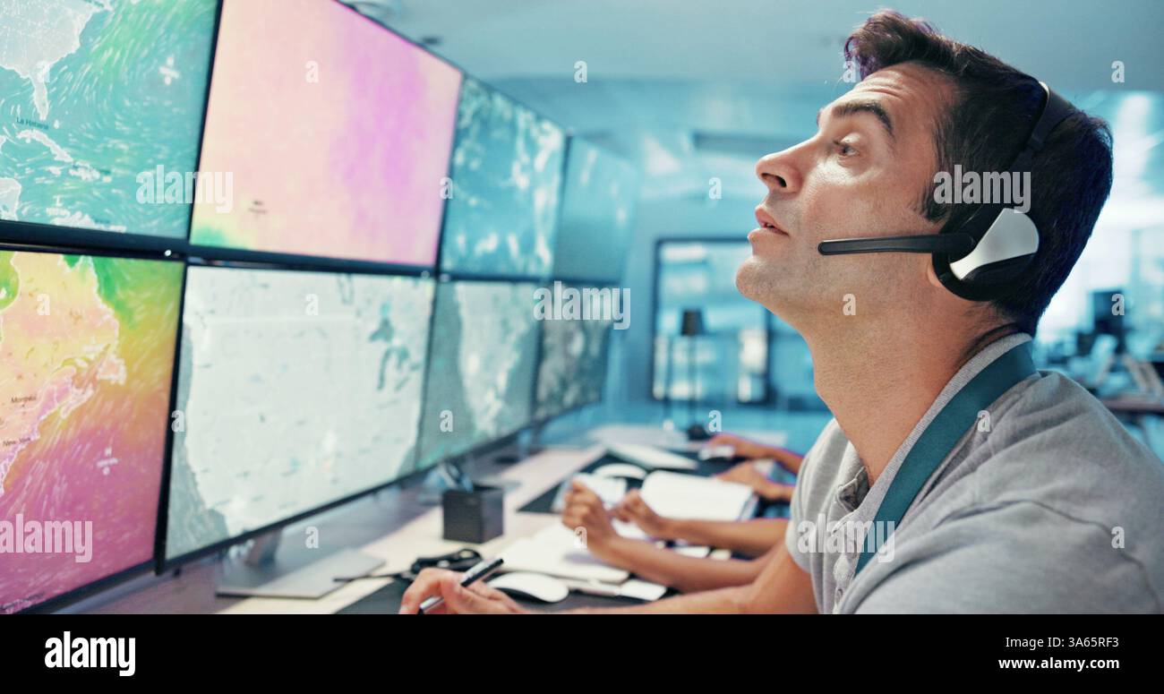 Computer, emergency service and man with headset for global security ...