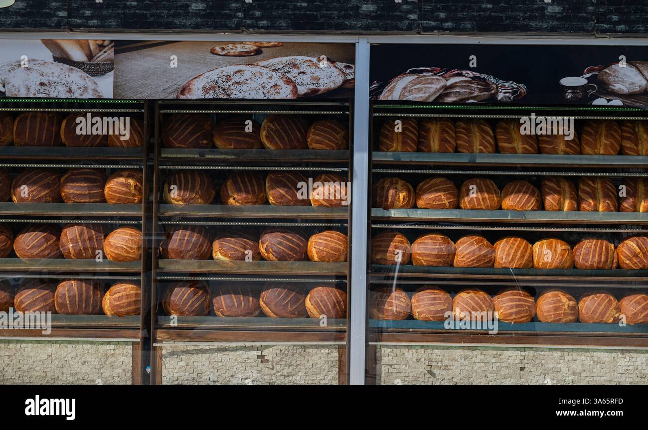 Breads on display in the bakery window Stock Photo - Alamy
