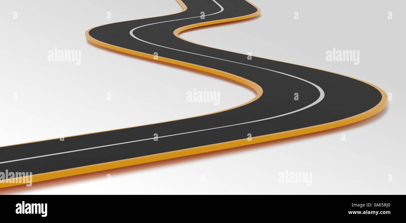 3D curved highway path with black asphalt surface, yellow roadside ...