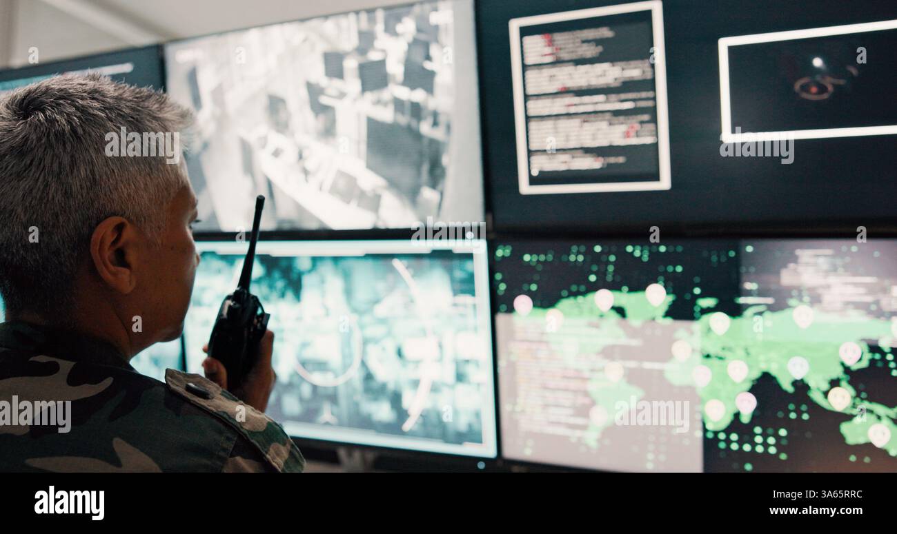 Woman, talk and radio with computer screen for safety video, military ...