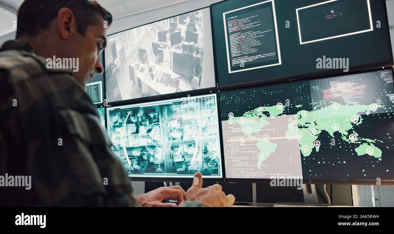 Man, soldier and typing with computer screen in control room, military battle and monitoring war ...