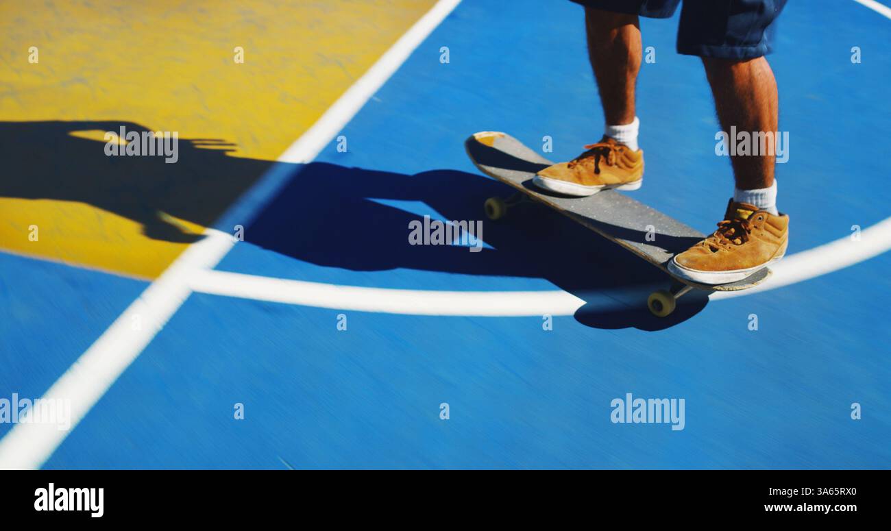 Skateboard, feet and person learning skill for outdoor hobby, activity ...