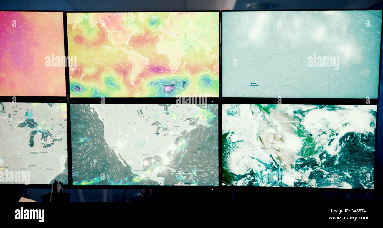 Monitor, screen and report with map, meteorology and broadcast for news ...