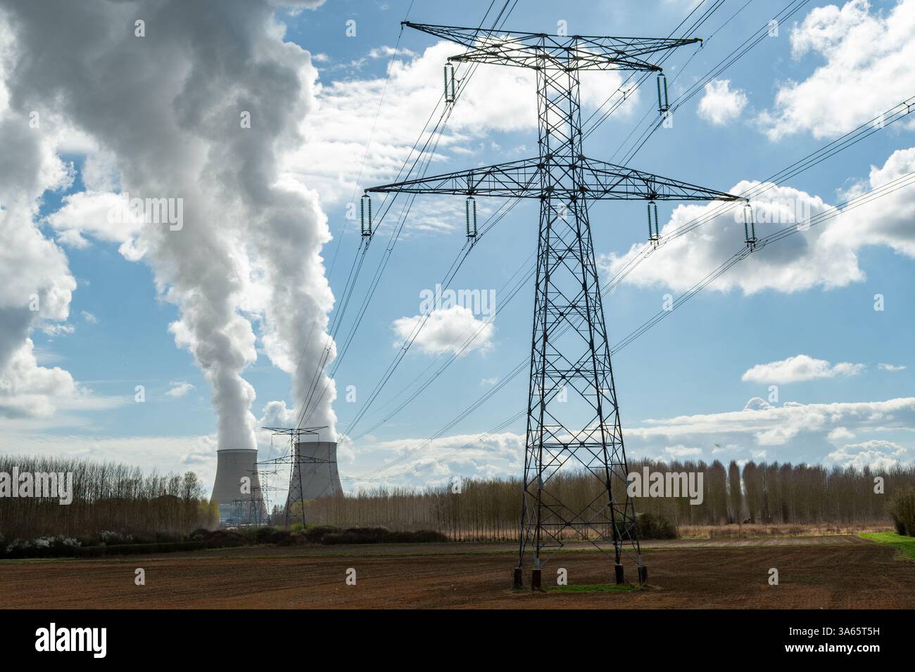 Route D 40, electricity pylons are vertical supports carrying the ...