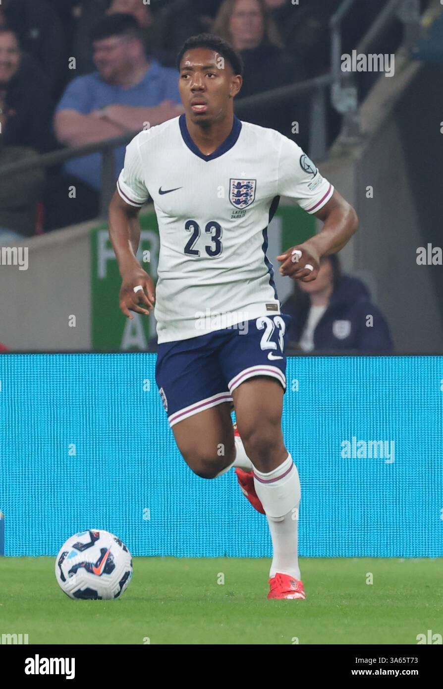 London, UK. 24th Mar, 2025. Myles Lewis-Skelly(Arsenal)of England in ...