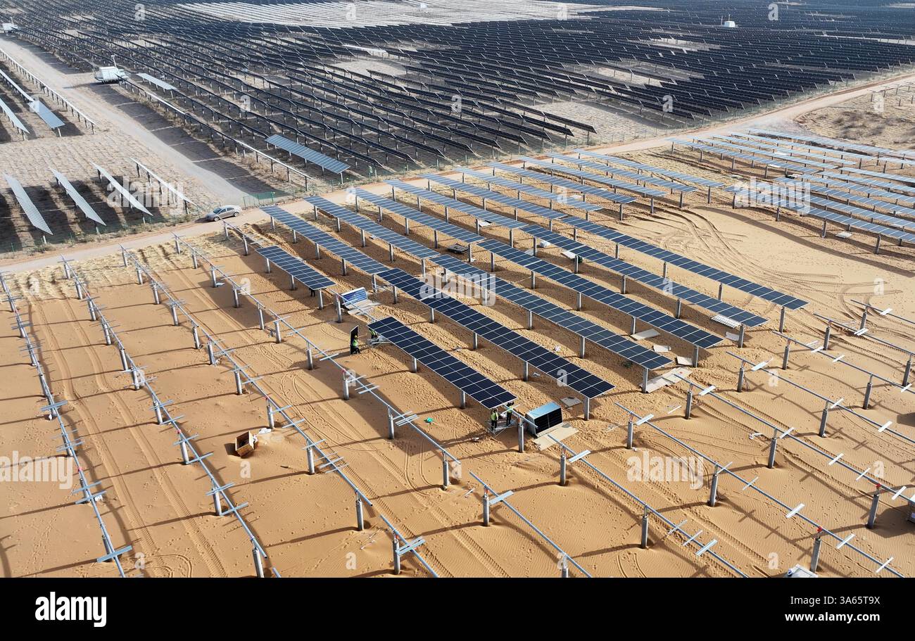 Aerial view of the construction site of a photovoltaic power station in ...