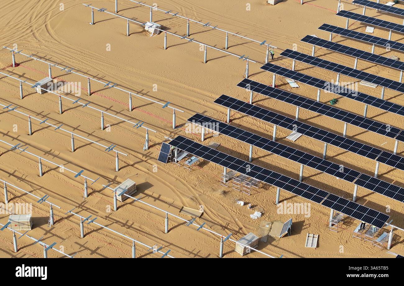 Aerial view of the construction site of a photovoltaic power station in ...