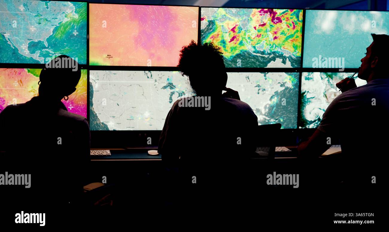 People, screen or monitor with weather for forecast, satellite maps or ...