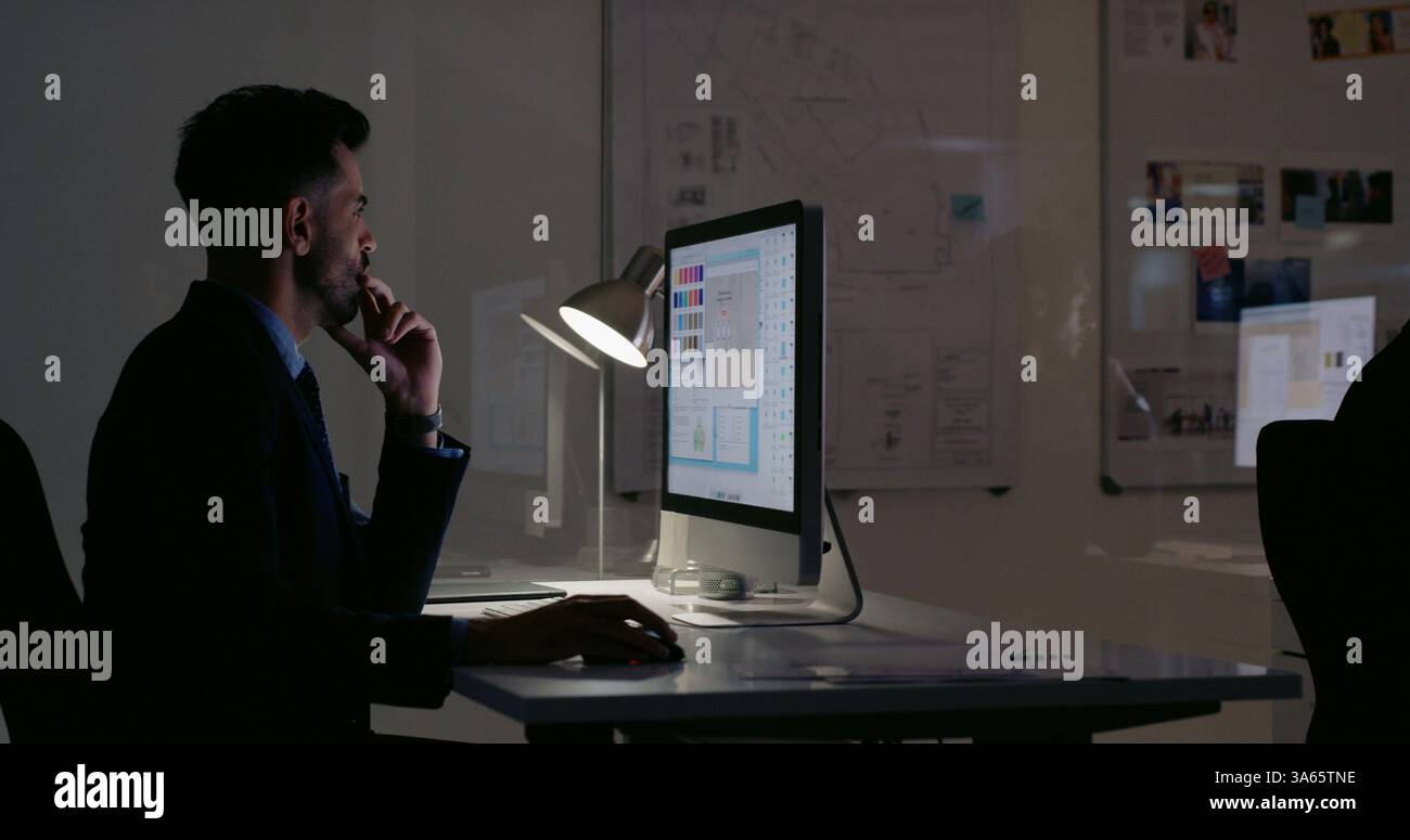 Thinking, computer and architecture with business man for floor plan ...