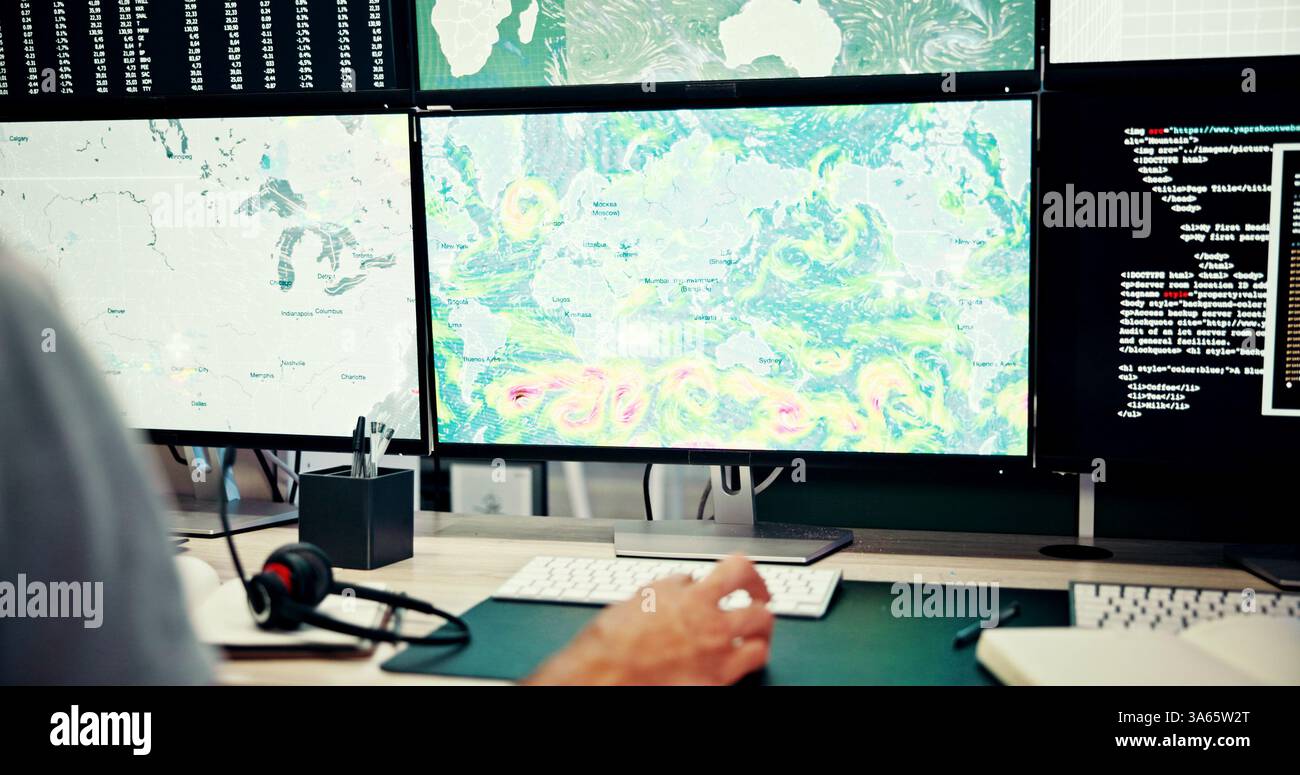 Screen, weather and hand at computer with map, news and wind research ...