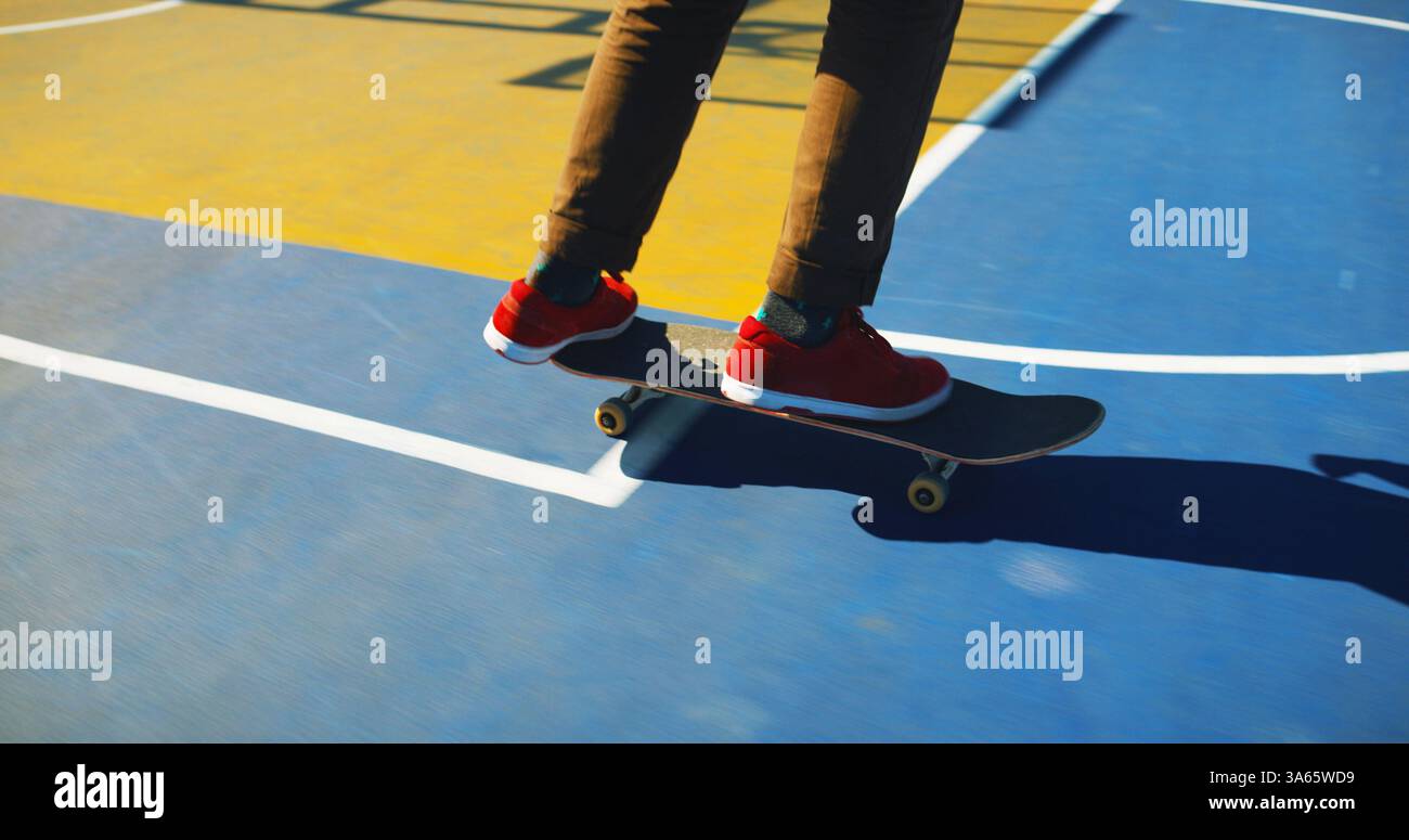 Skateboard, feet and skater learning trick for outdoor hobby, activity ...